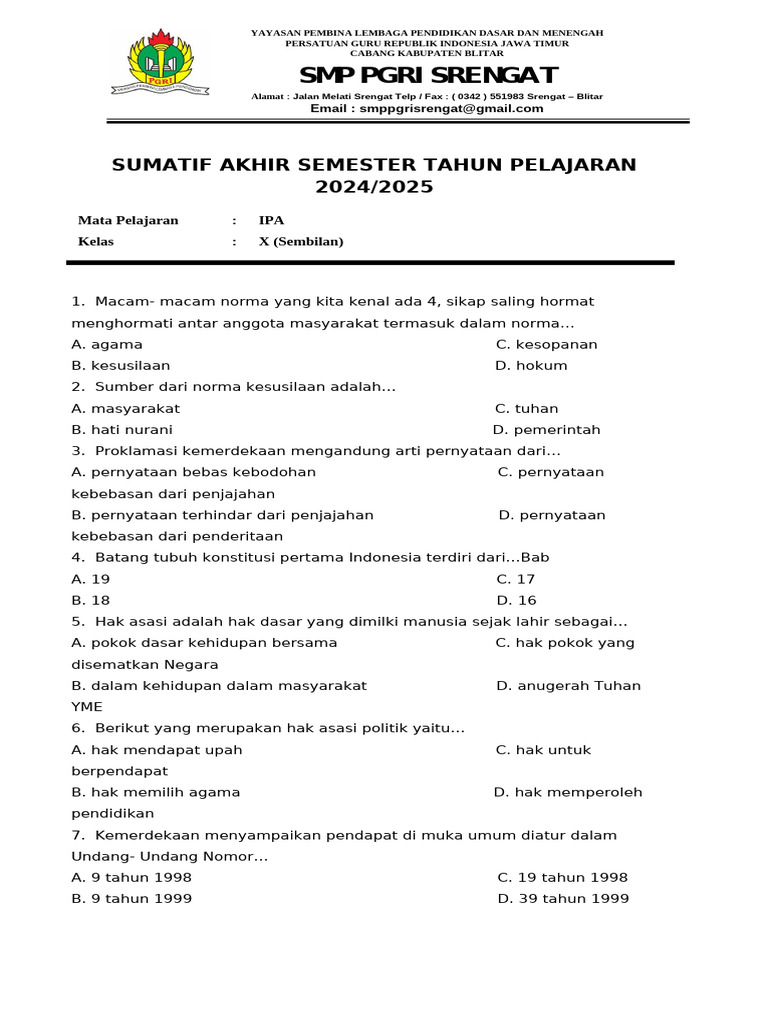 Sumatif Akhir Semester Tahun Pelajaran 2024 Ipa | PDF