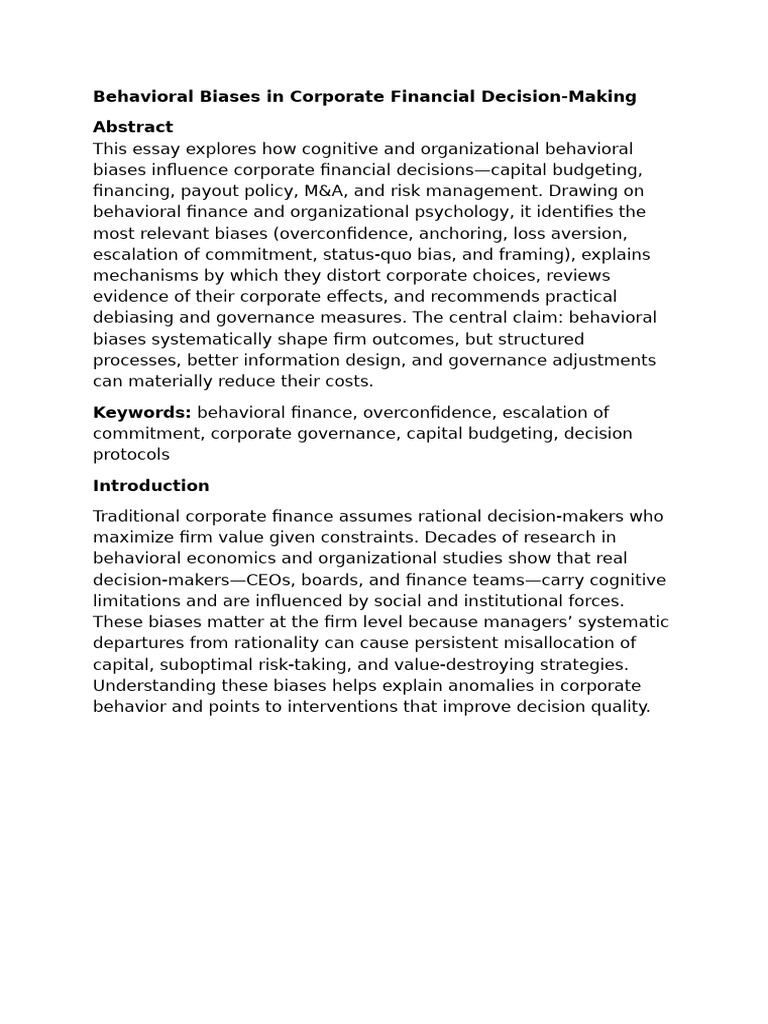 Behavioral Biases in Corporate Finance | PDF | Behavioral Economics | Risk