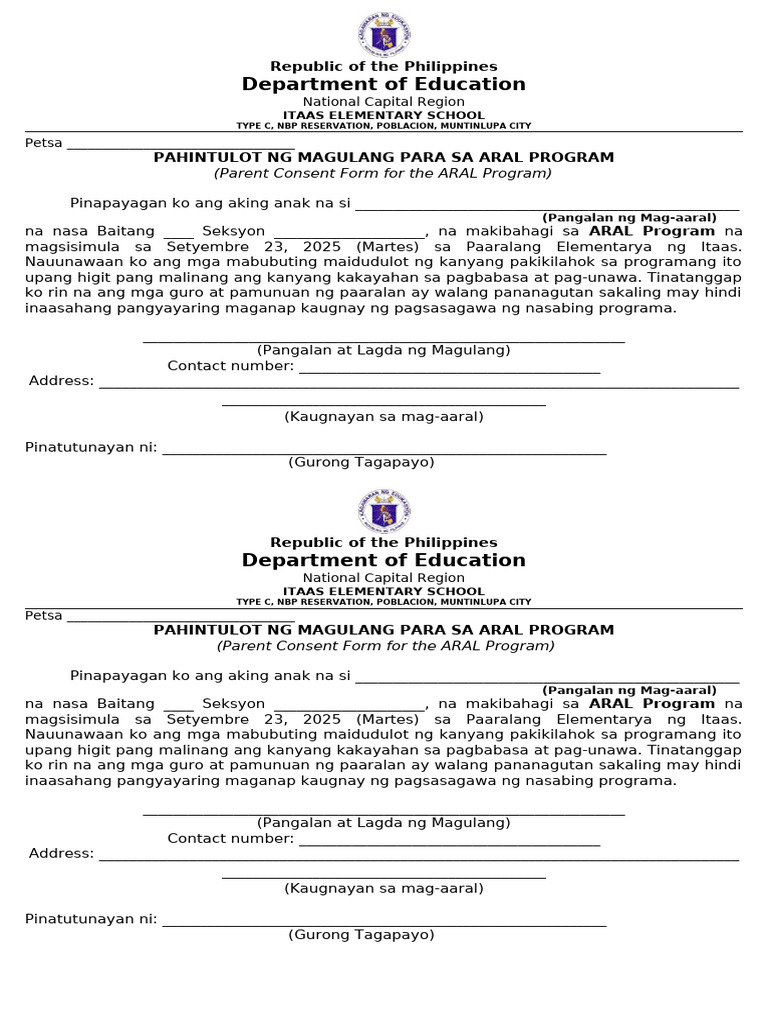 Aral Parent Consent Form Ies Dalawa Sa Isang Page | PDF