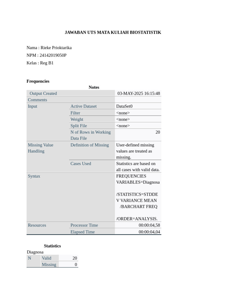 UTS PSIK RegB1 Biostatik Rieke Prioktarika 24142019050P | PDF | Applied Mathematics