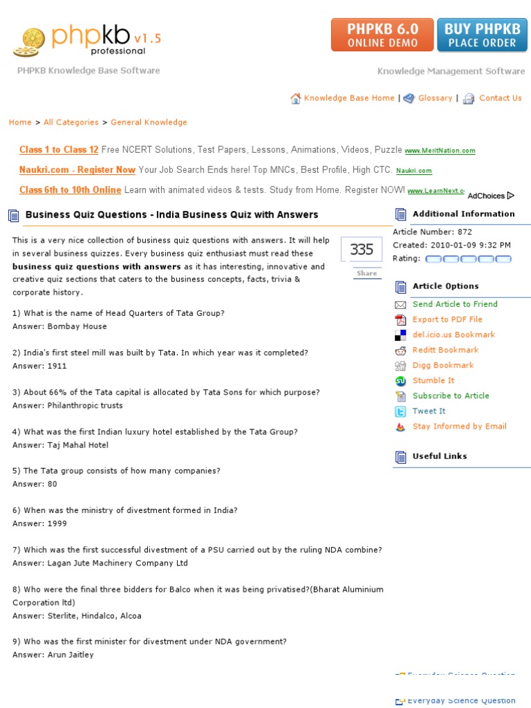 Business Quiz Questions - India Business Quiz With Answers | PDF | Quiz ...