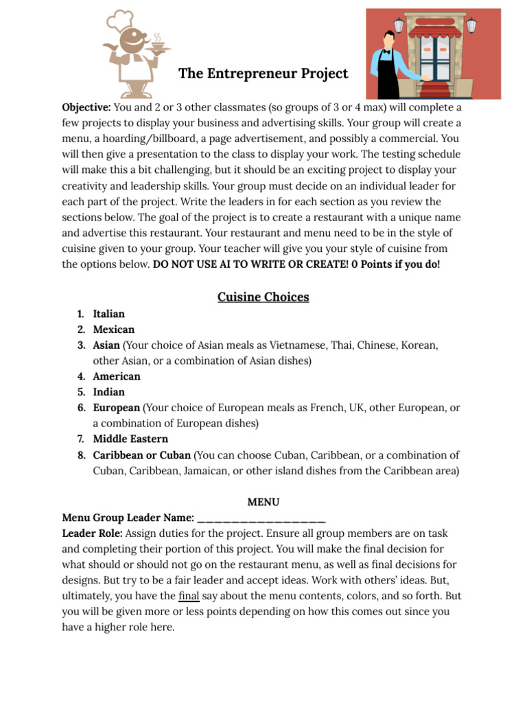 Entrepreneur Project: Restaurant Creation Guide | PDF | Menu | Cuisine