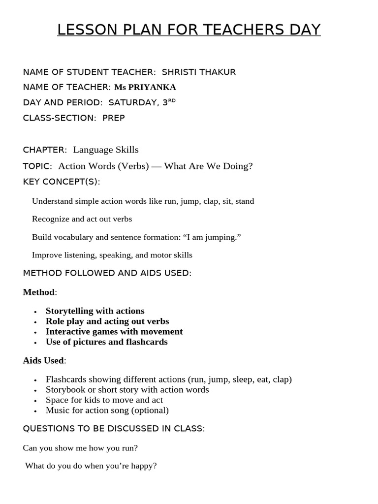 Teachers Day Lesson Plan ENGLISH | PDF