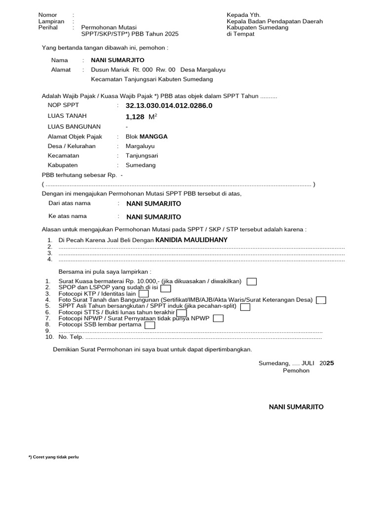 Permohonan Mutasi SPPT PBB 2025 Sumedang | PDF