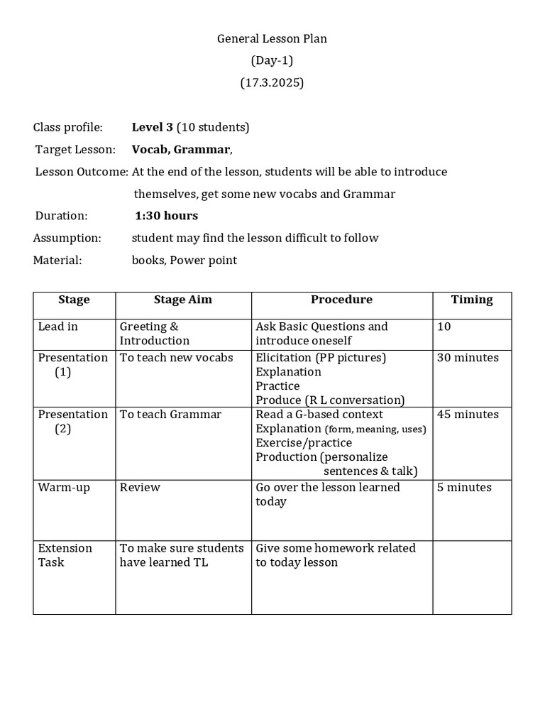 Level 3 Vocabulary and Grammar Lesson Plan | PDF