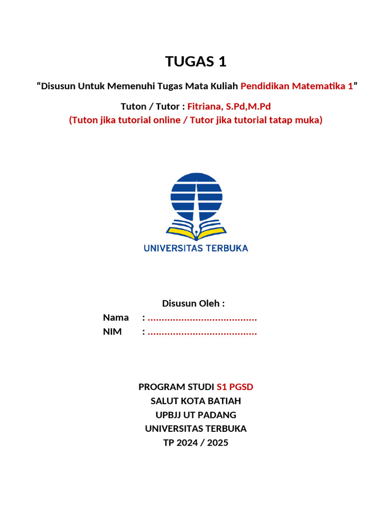 Contoh Cover Tugas UT Matematika 1 | PDF