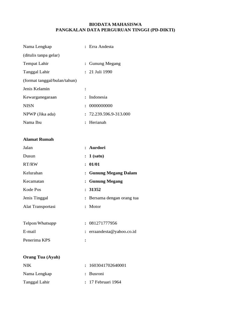 Salinan Dari Format Biodata Mahasiswa (PDDikti) | PDF
