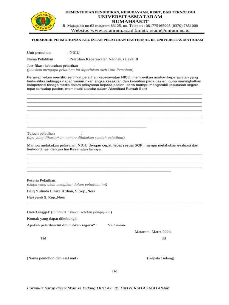 Form Pengajuan Pelatihan Eksternal Nicu | PDF