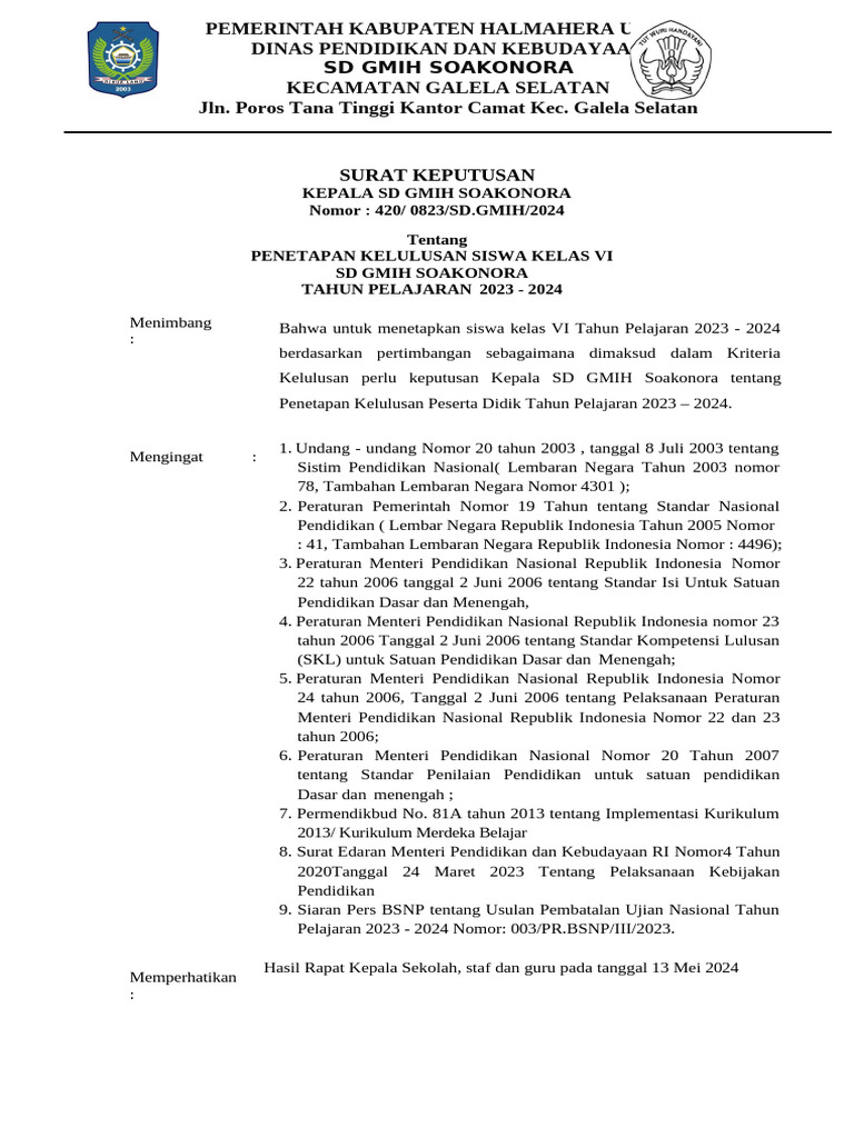 Penetapan Kelulusan Kelas VI SD GMIH | PDF