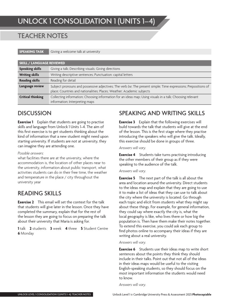 Unlock 1 Units 1-4 Teacher Guide | PDF | Verb | Linguistics