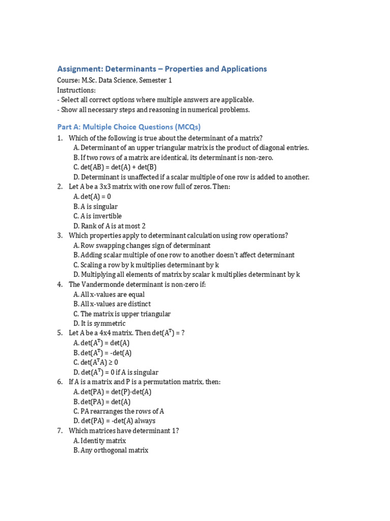 Assignment On Properties of Determinants-1 | PDF | Determinant | Matrix ...