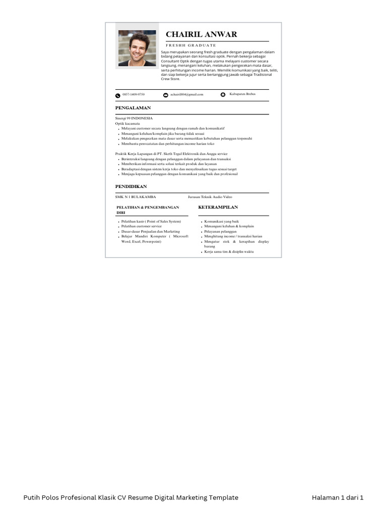 Putih Polos Profesional Klasik CV Resume Digital Marketing Template ...