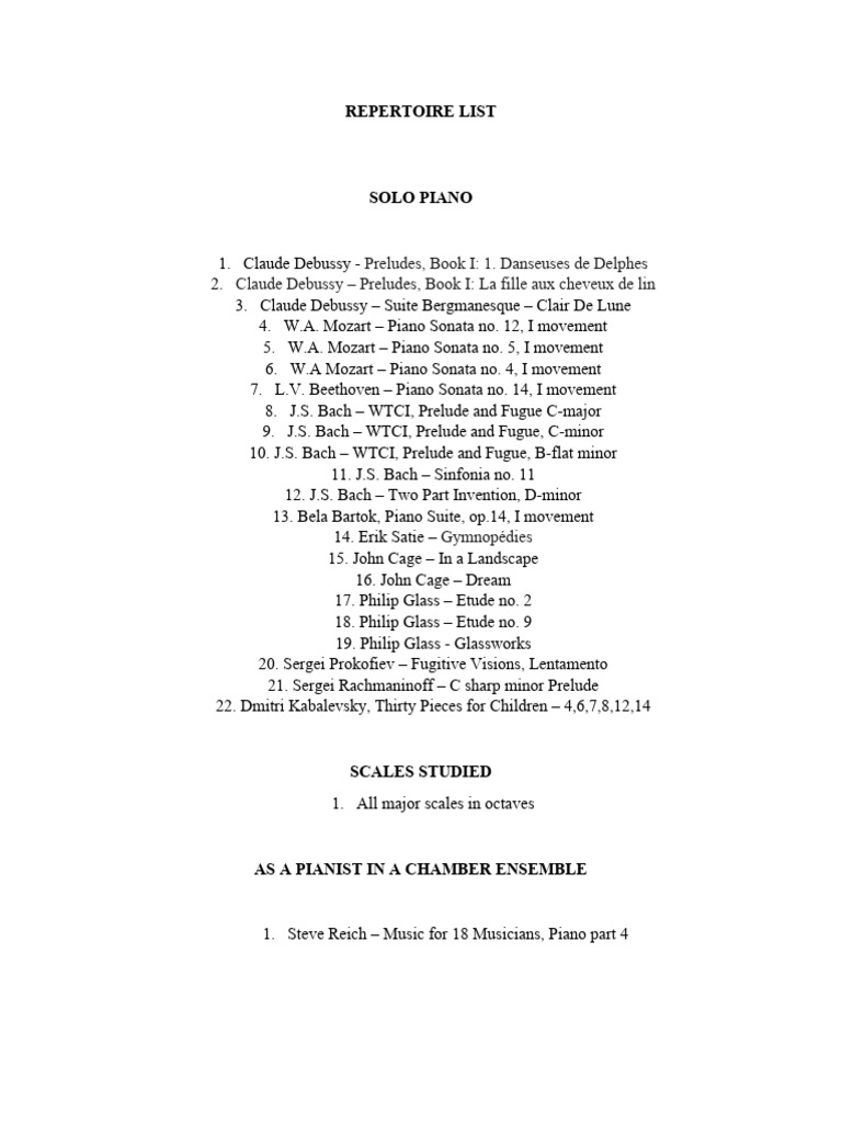 Solo Piano and Guitar Repertoire List | PDF | Sonata | Suite (Music)