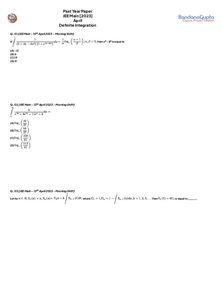 Past Year Paper - Definite Integration by Bandana Gupta | PDF ...
