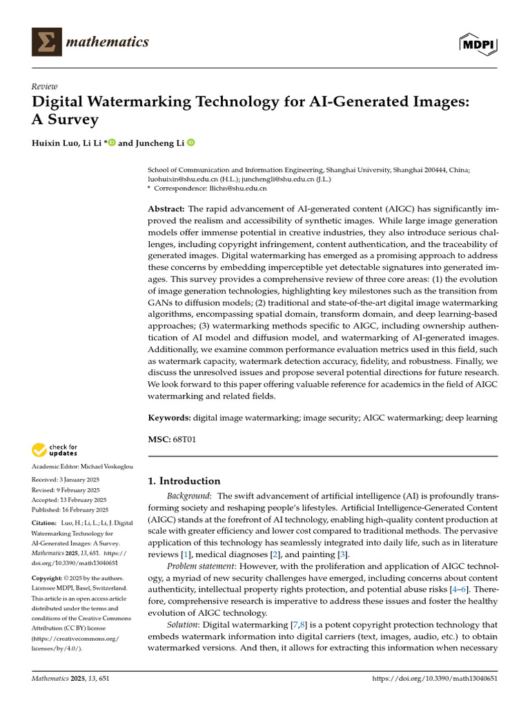 Digital Watermarking Technology For Ai Generated Images A Survey