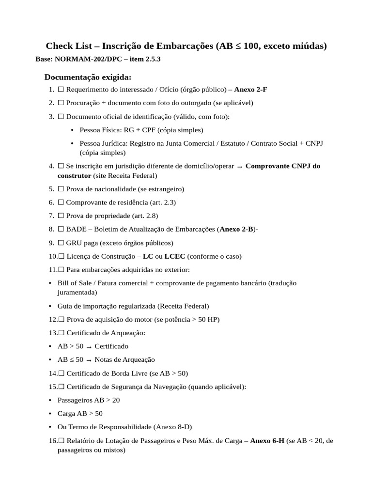 Check List - Inscrição de Embarcações (AB 100, Exceto Miúdas) | PDF