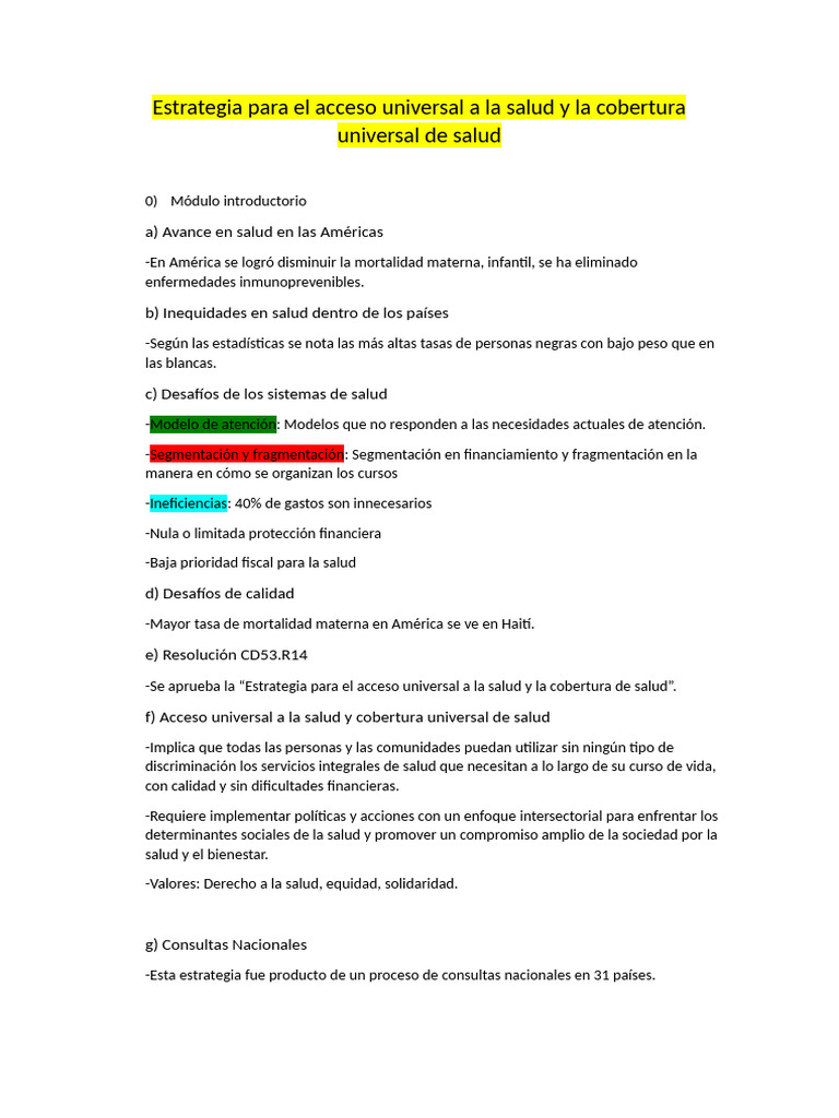 Estrategia para El Acceso Universal A La Salud y La Cobertura Universal ...