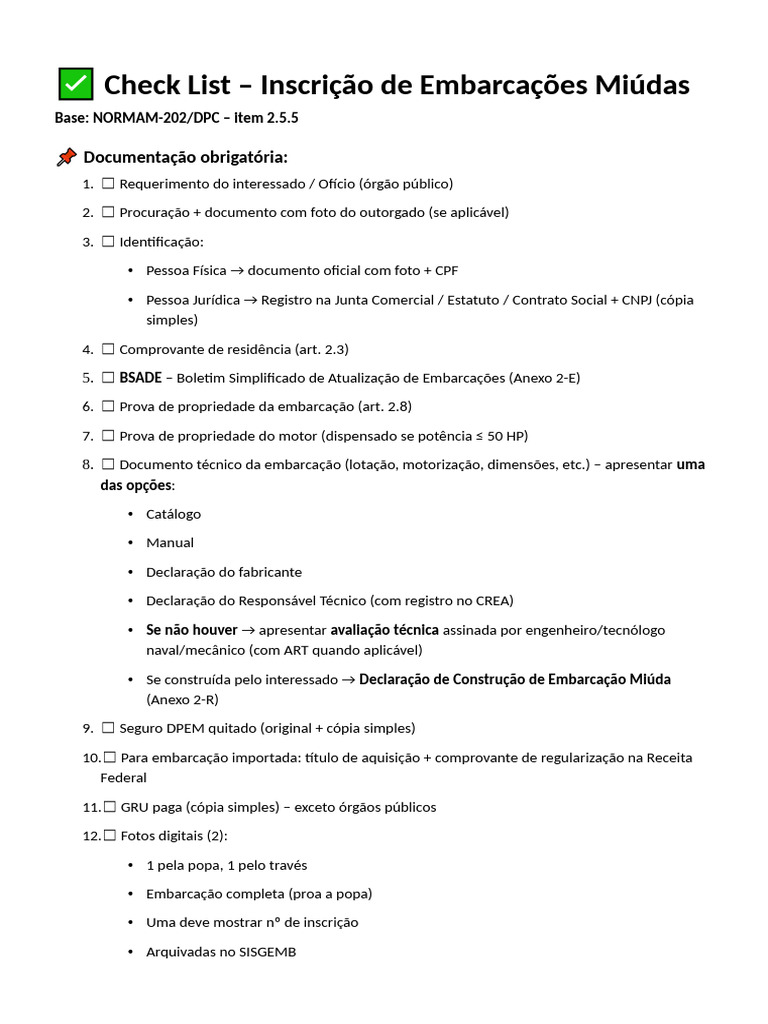 Check List Inscrição Embarcações Miúdas | PDF