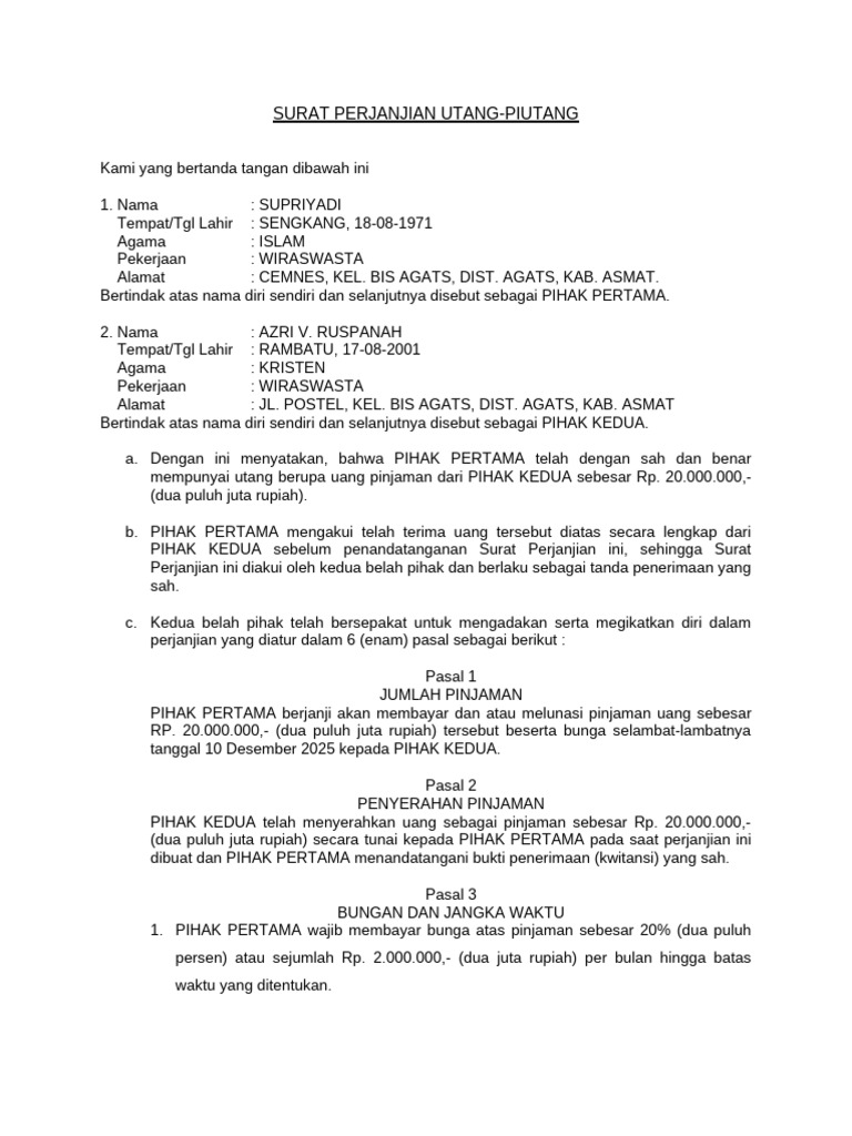 Surat Perjanjian Utang | PDF