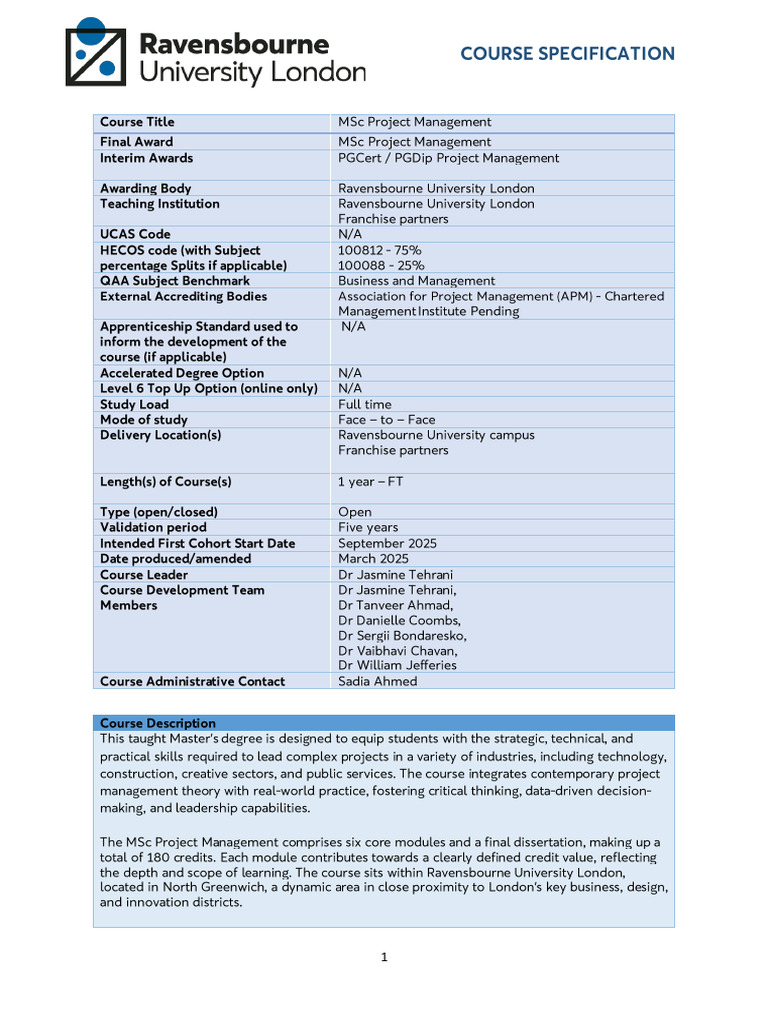 MSC Project Management - Course Specification | PDF