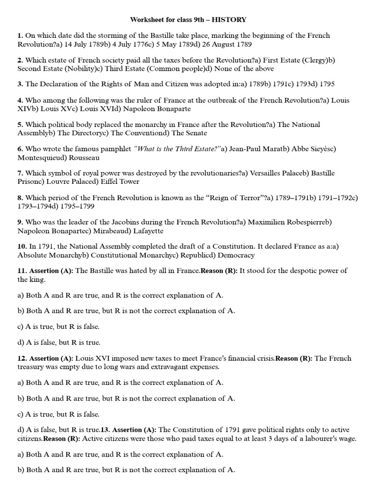 Class 9 History Worksheet: French Revolution | PDF | French Revolution ...