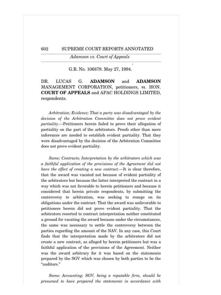 7) Adamson v. CA, 232 SCRA 602 - Vacation of An Award and Partiality of ...