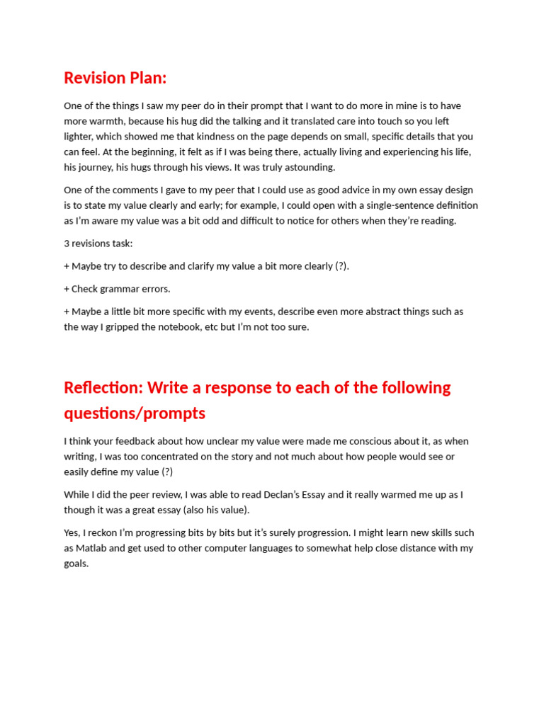 Revision Plan for Personal Essay Improvement | PDF