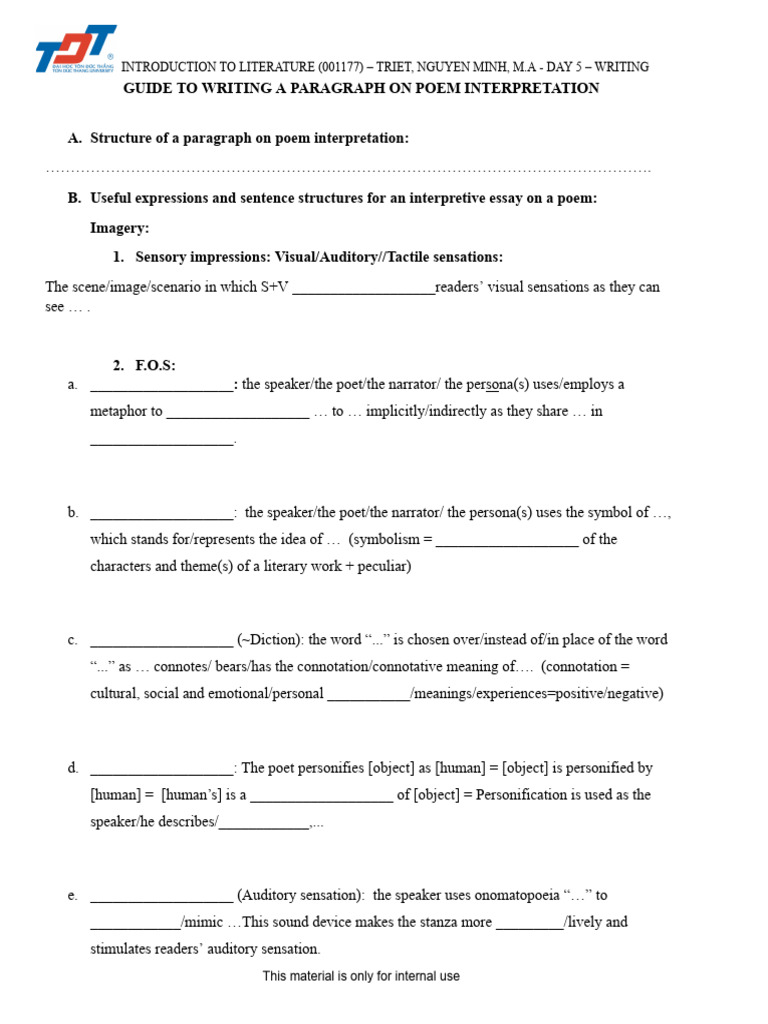 Day 5 (Student) - Handout - How To Write A Paragraph On Poem ...