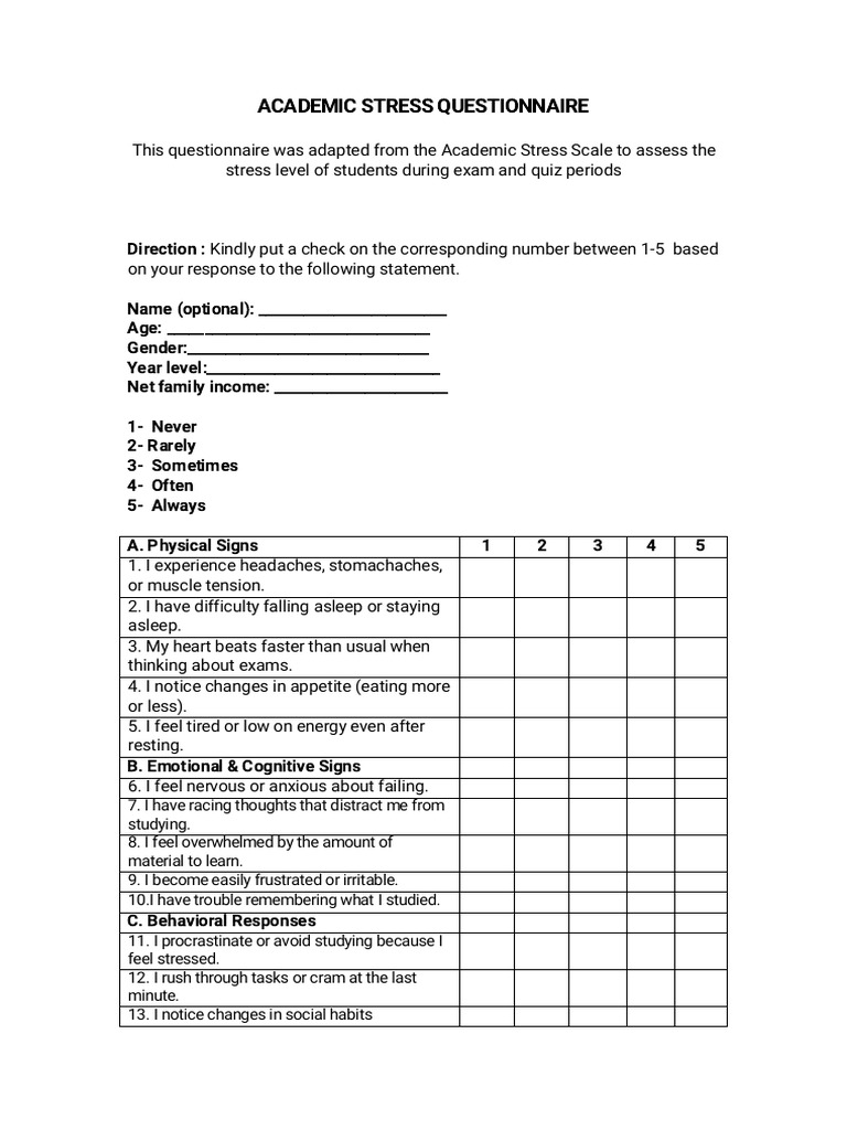 Academic Stress Assessment for Students | PDF