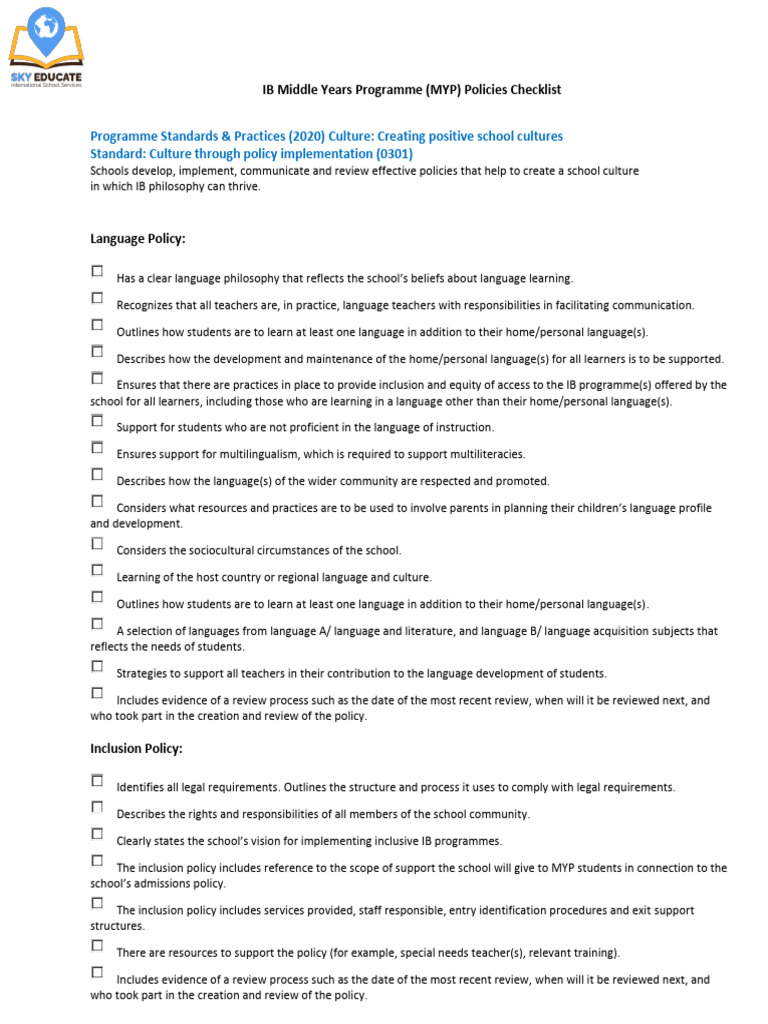 MYP Policies Checklist for Schools | PDF | Academic Integrity | Policy