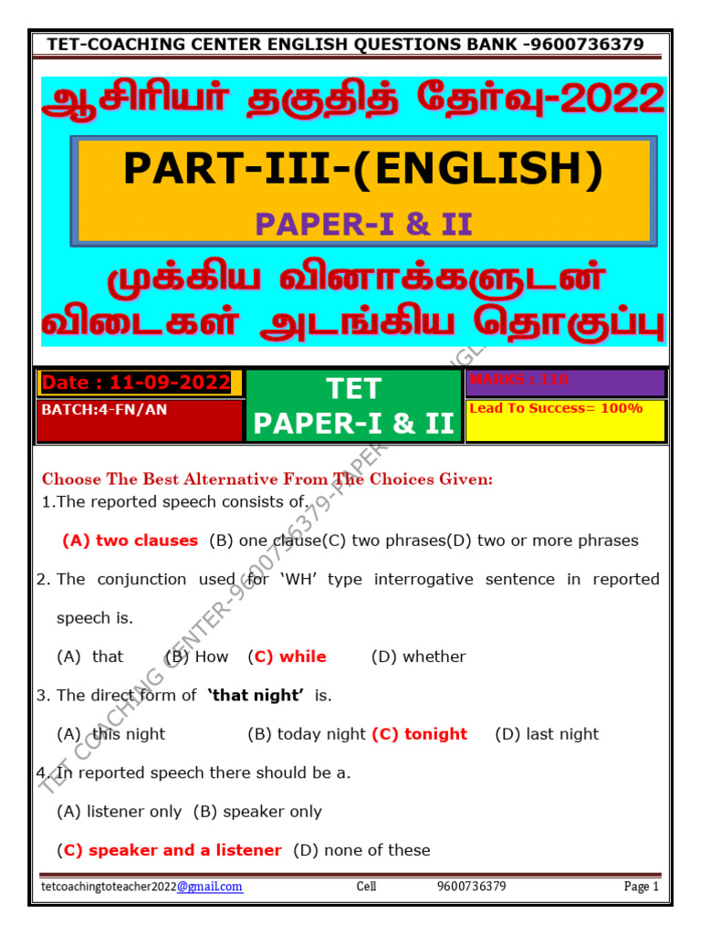 Tntet-Paper-I & II - English-Questions Bank | PDF | Clause | Sentence (Linguistics)