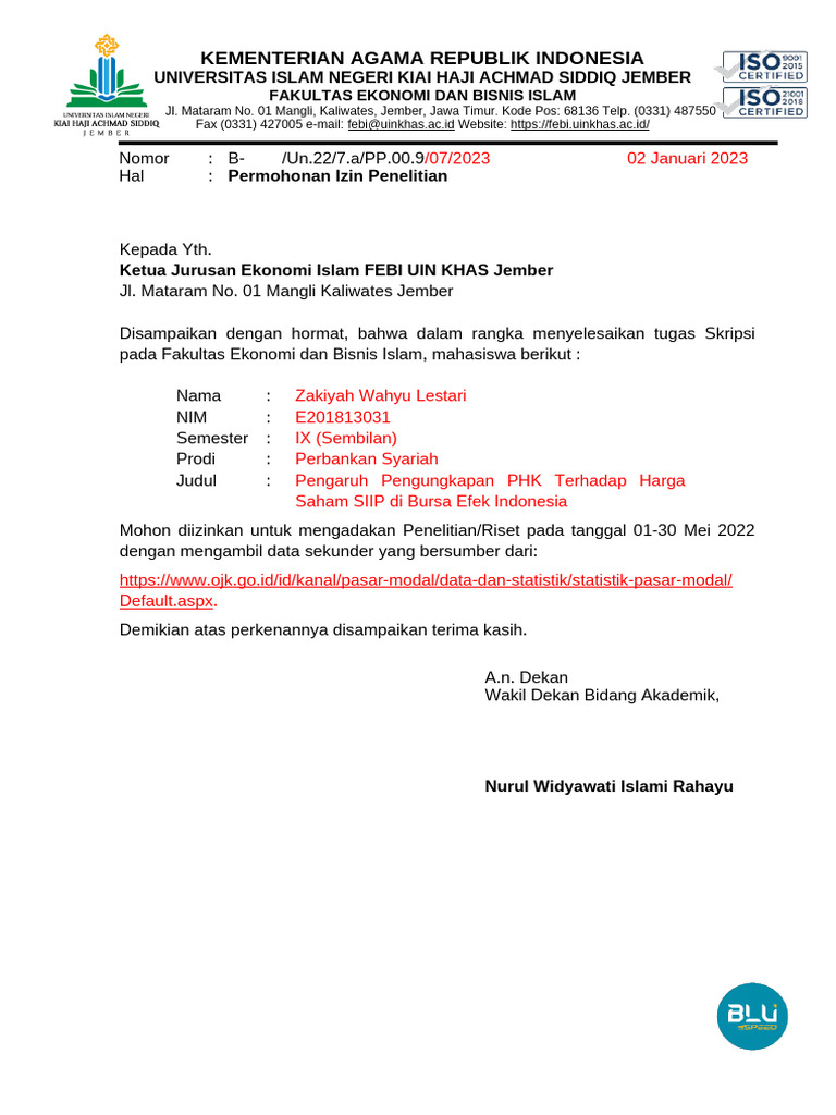 Surat Izin Penelitian Skripsi (Data Sekunder) | PDF