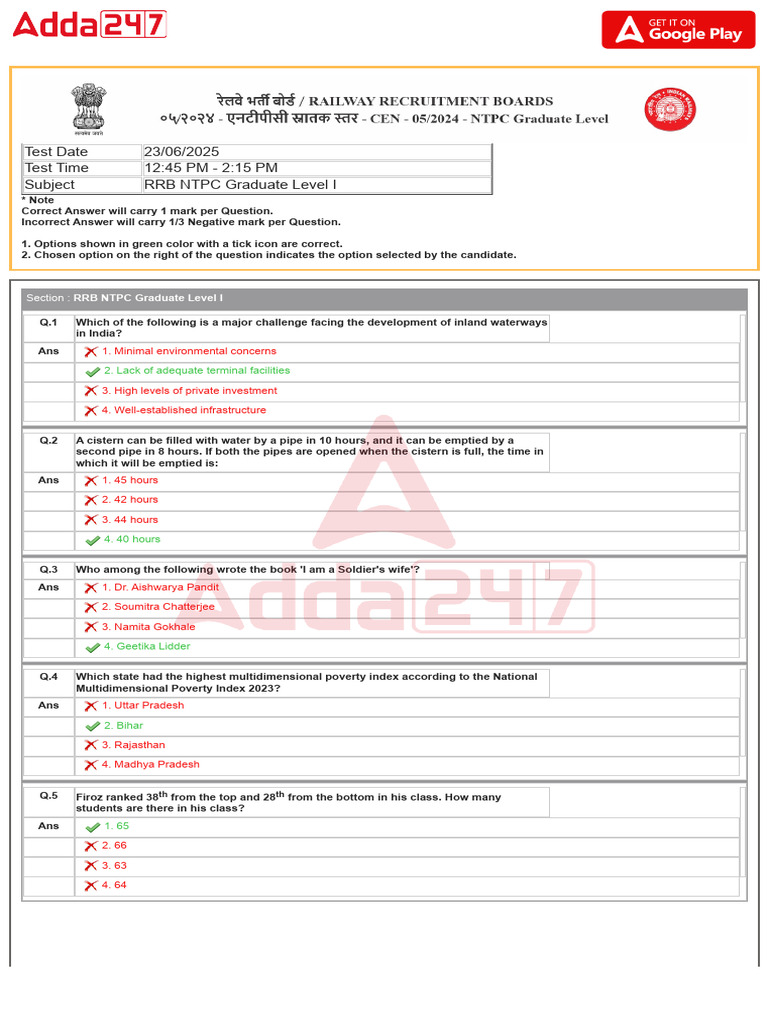 RRB NTPC G Answer Key Compilation English-23!06!2025-Shift-II | PDF