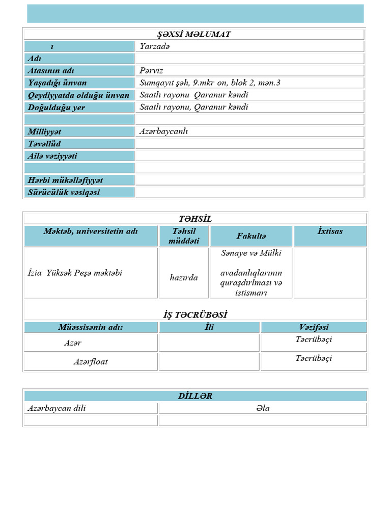 Yarzadə Fariz CV | PDF