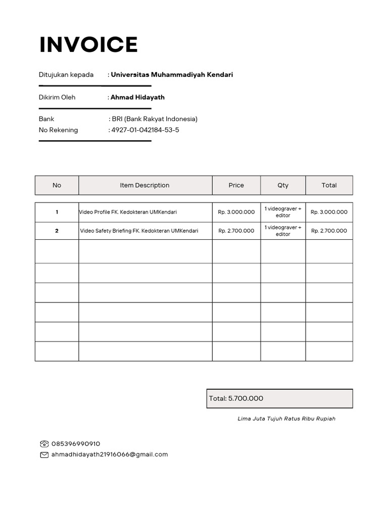 Invoice Video Profil dan Safety UMKendari | PDF