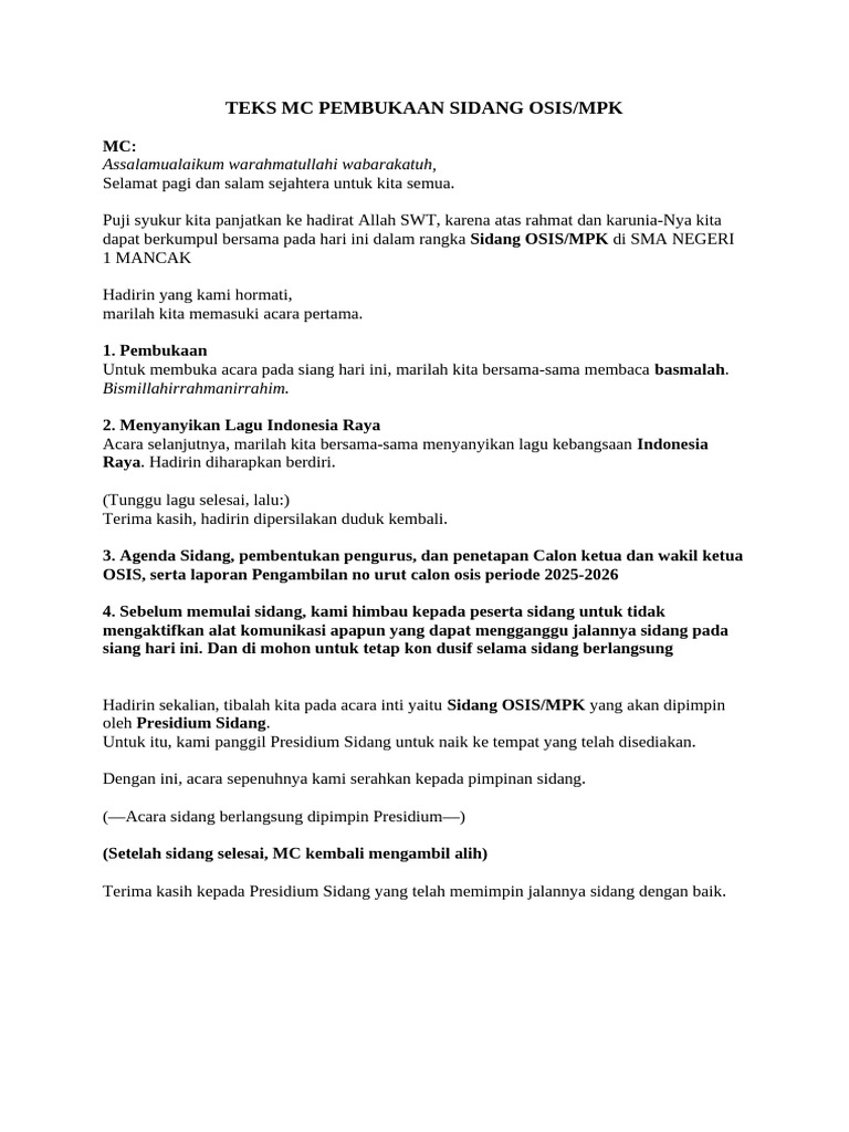 Teks MC Pembukaan Sidang Osis | PDF