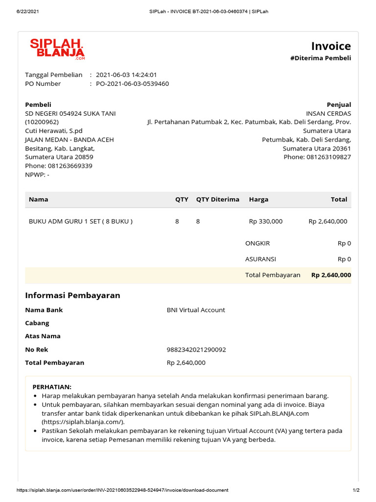 Siplah - Invoice Siplah Adm Guru | PDF