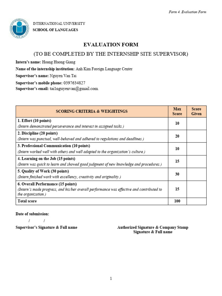 Internship Evaluation Form Template | PDF | Reading Comprehension ...