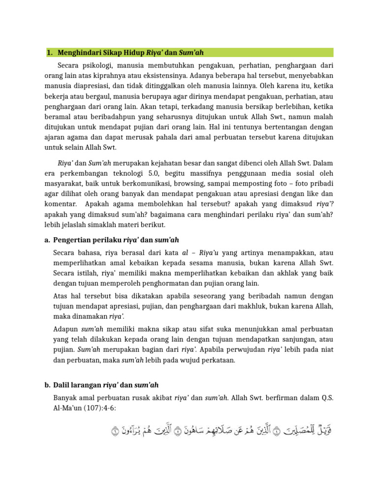 Menghindari Riya' dan Sum'ah dalam Amal | PDF