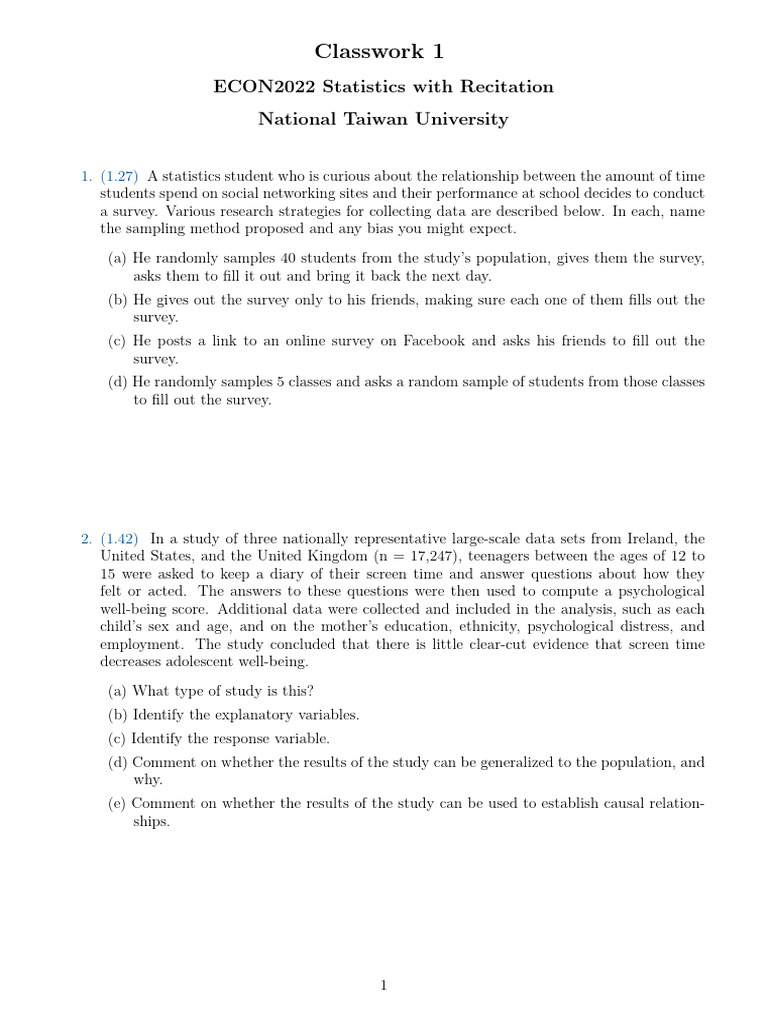 Classwork Ch01 IntrotoData | PDF | Survey Methodology | Categorical Variable