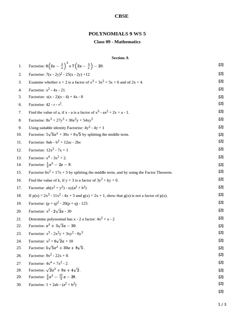 Polynomial WS 5 (Factorisation of Polynomials) | PDF | Factorization | Algebra