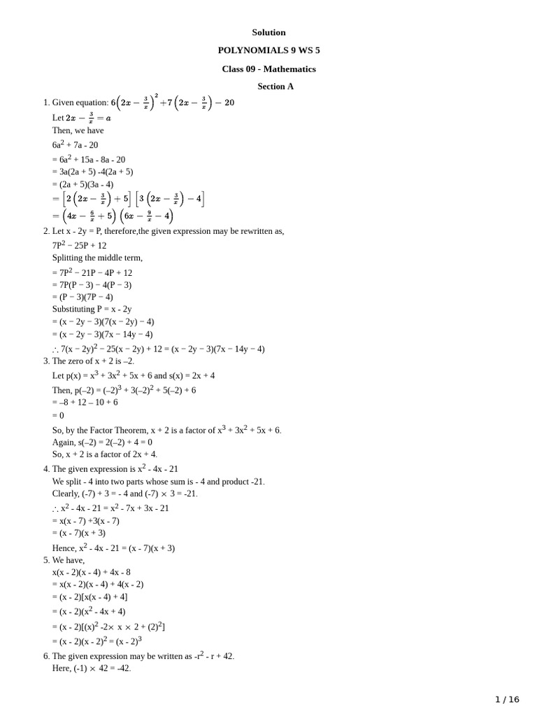 Polynomial WS 5 Sol (Factorisation of Polynomials) - 1 | PDF | Factorization | Mathematics