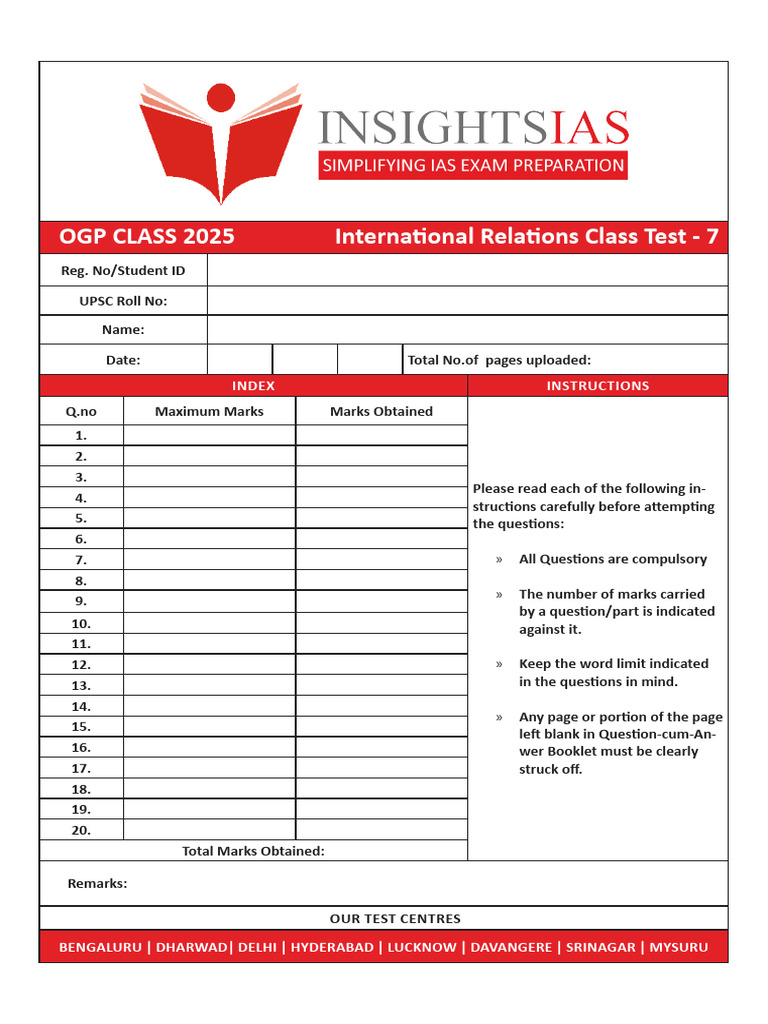 OGP 2025 Batch 8 Bengaluru International Relations Test 7 QP | PDF ...
