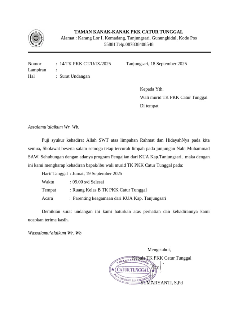 Undangan Parenting Keagamaan TK PKK Catur Tunggal | PDF