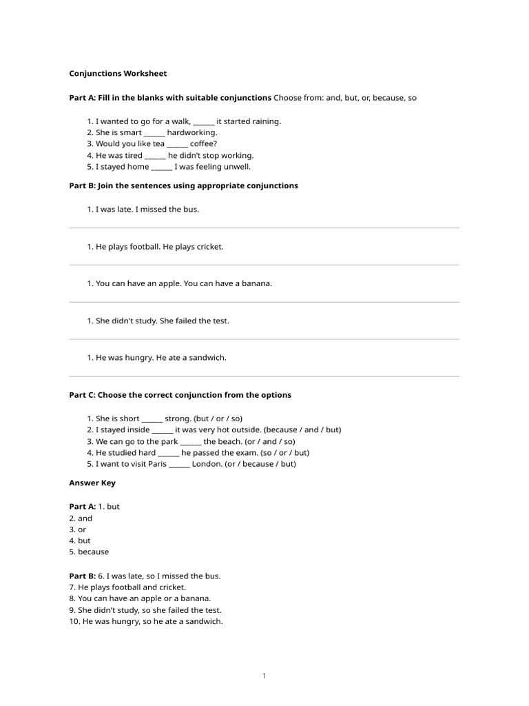 Conjunctions Worksheet | PDF