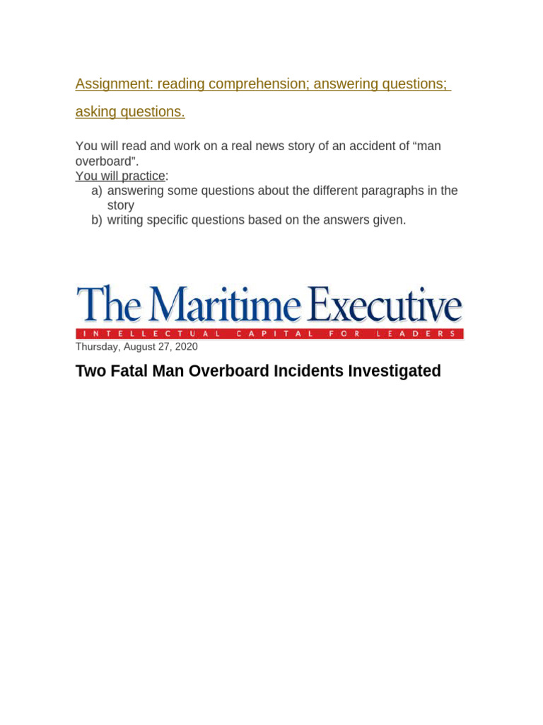 U3 - News Story-Man Overboard - Practice Test | PDF | Shipping | Ships