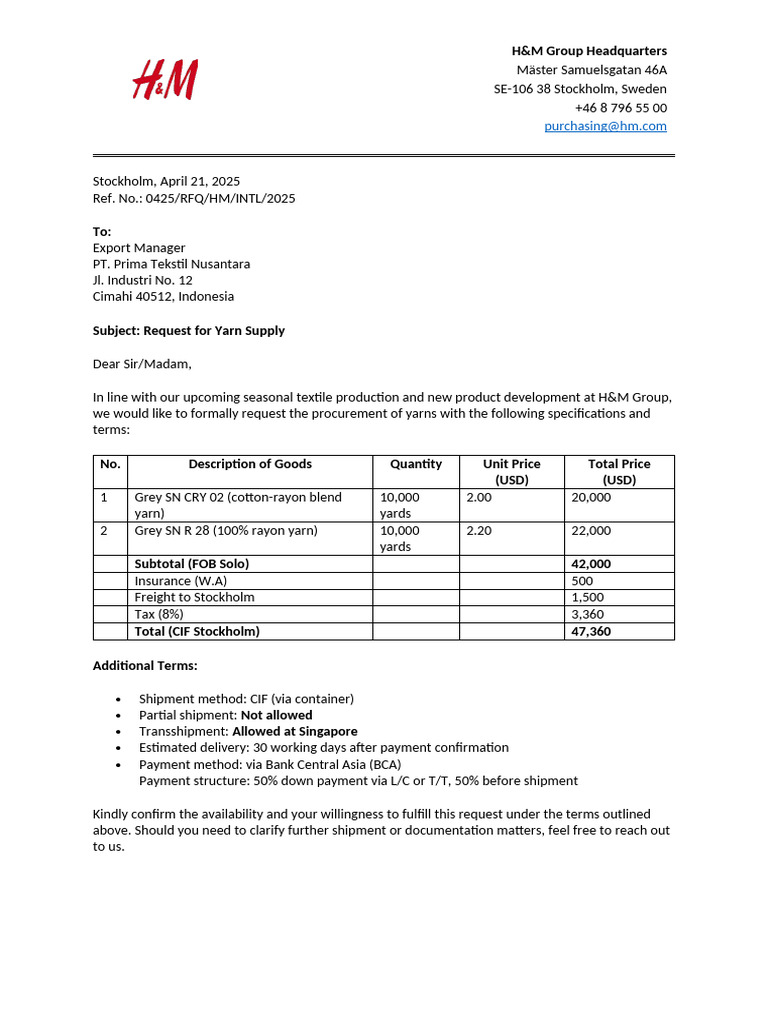H&M Yarn Supply Request 2025 | PDF | Trade | Freight Transport