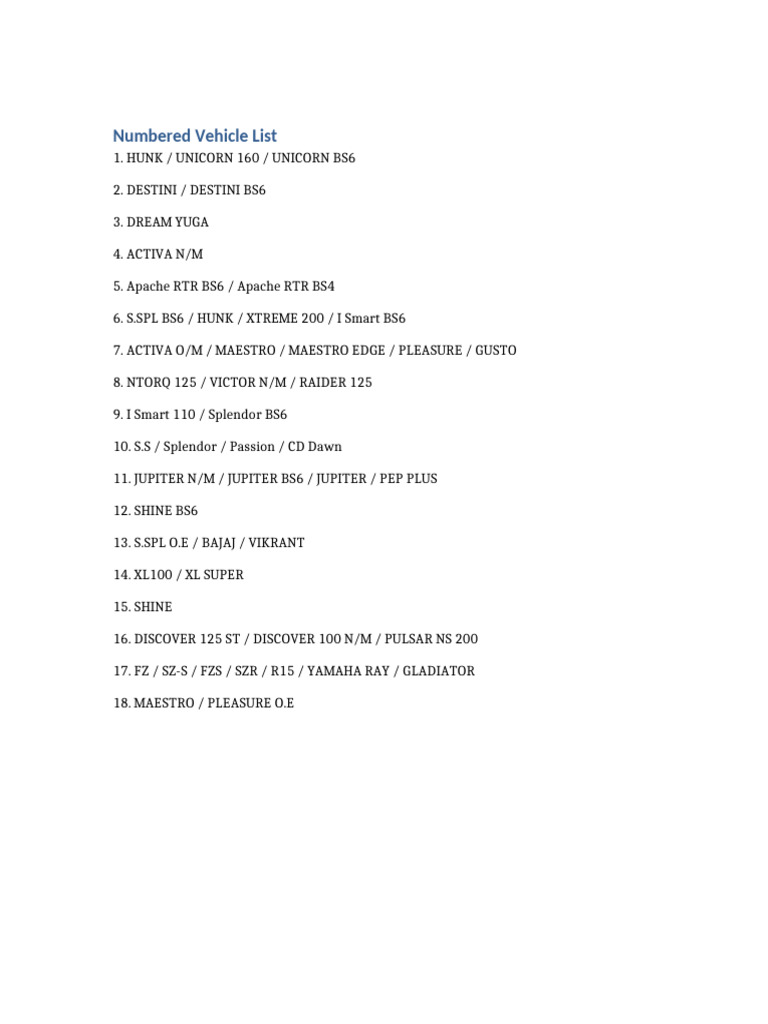 Comprehensive Vehicle Model List | PDF