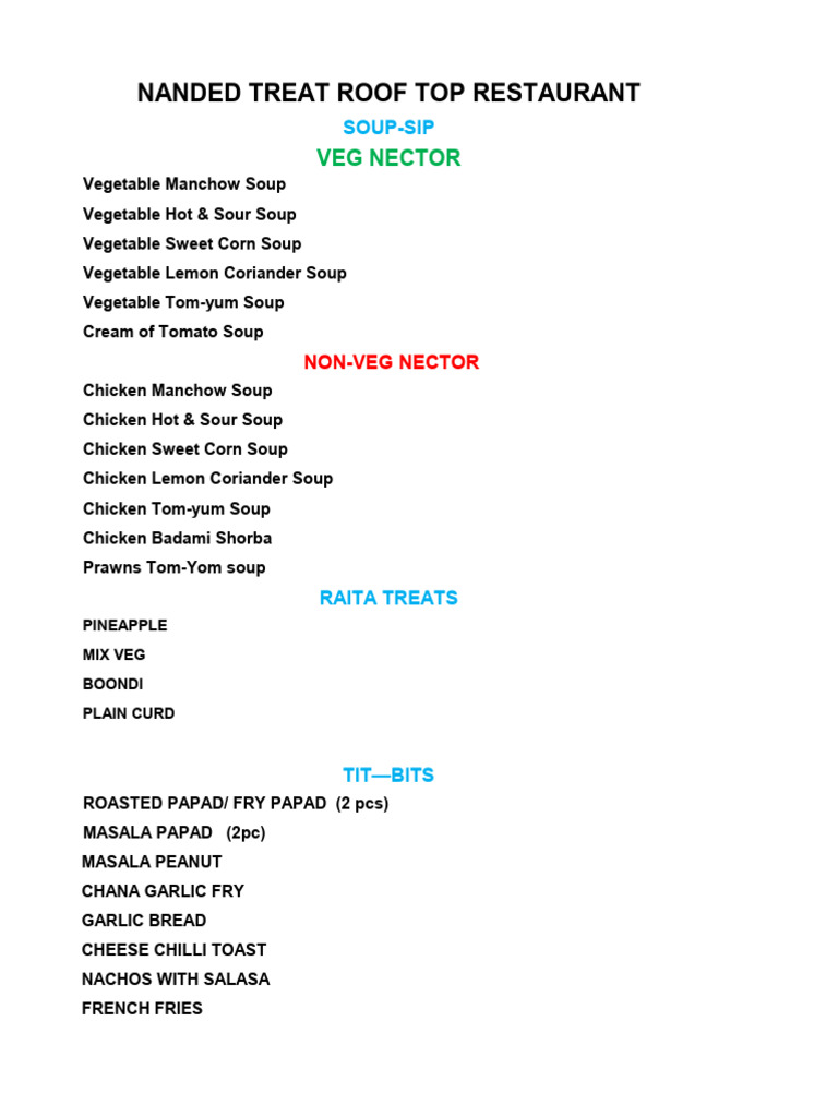 Nanded Treat Restaurant Menu | PDF | Cocktails | Martini (Cocktail)