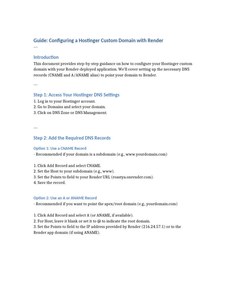 Hostinger Custom Domain Setup With Render | PDF